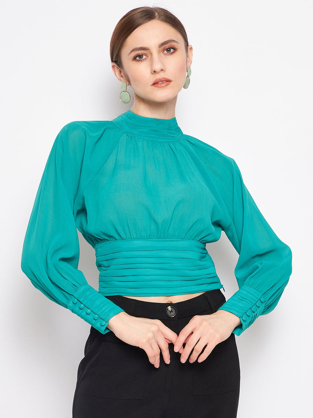 Madame Green High-Neck Pleated Balloon Top