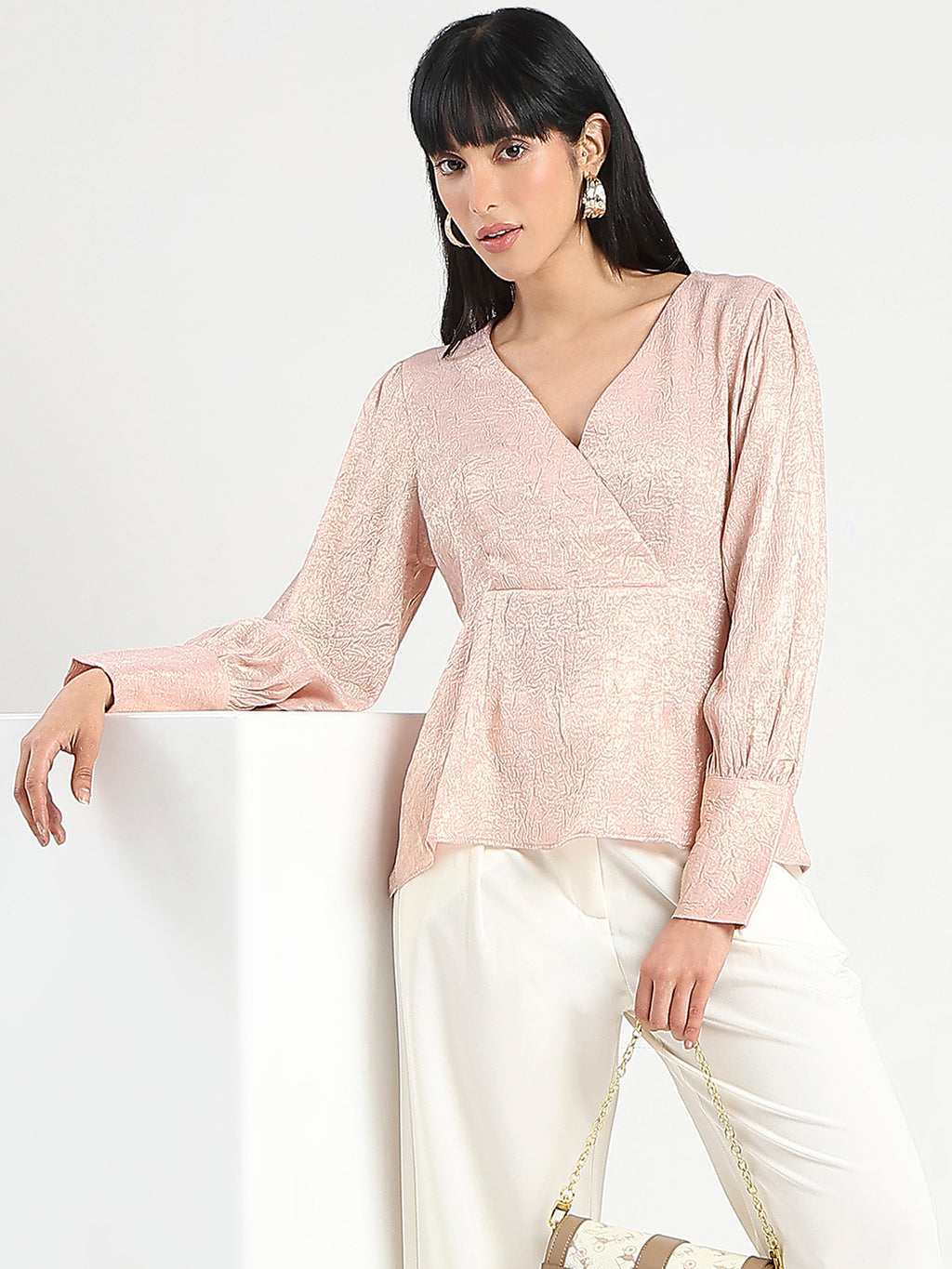 Madame Textured Pleat Detail Cinch Waist Peach Top