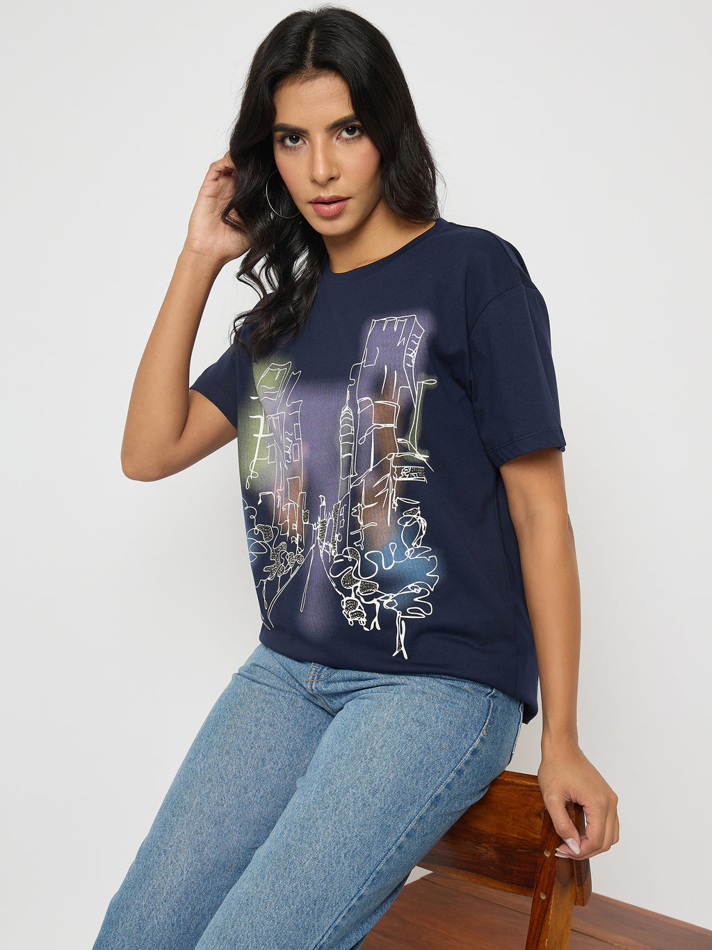 Madame Graphic Print Navy Blue Cotton T-shirt