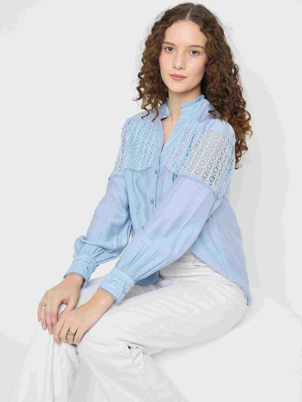 Madame Lace Detailed Pleated Front Powder Blue Top