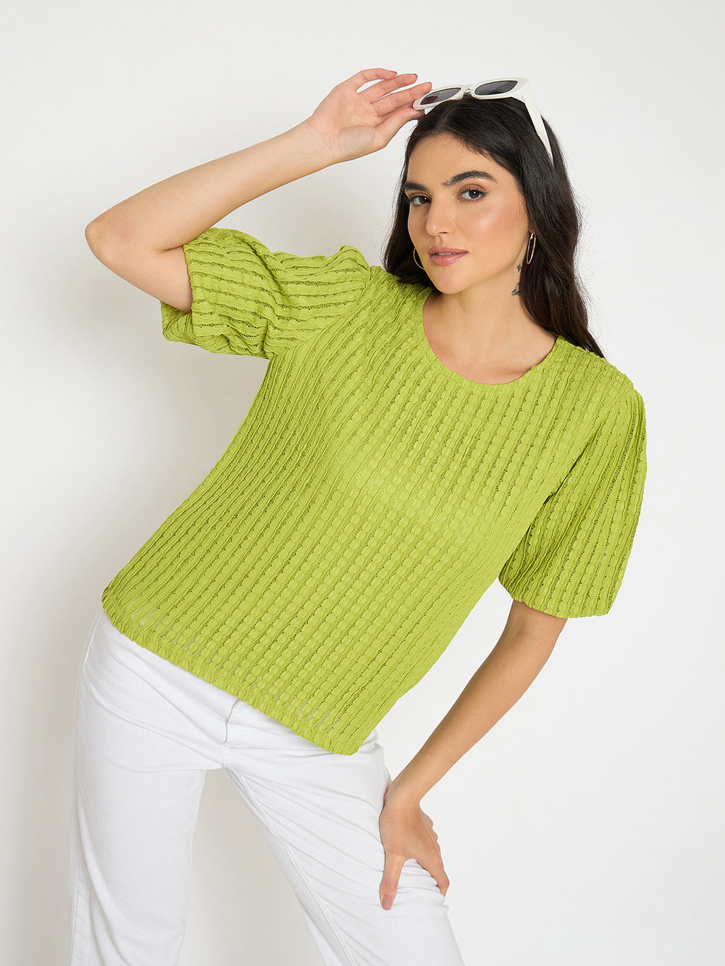 Madame Textured Solid Apple Green Top