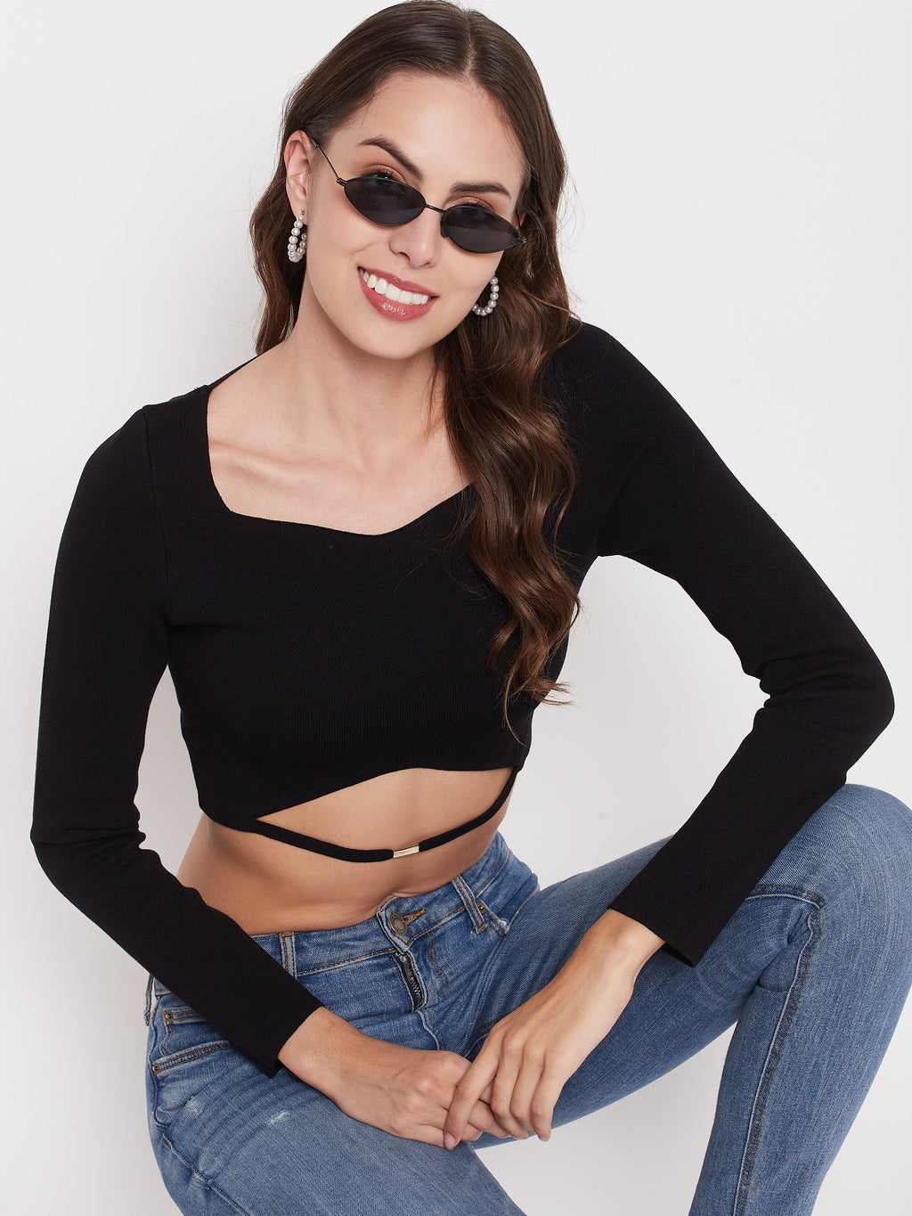 Madame Black Square Neck Cut-Out Crop Top